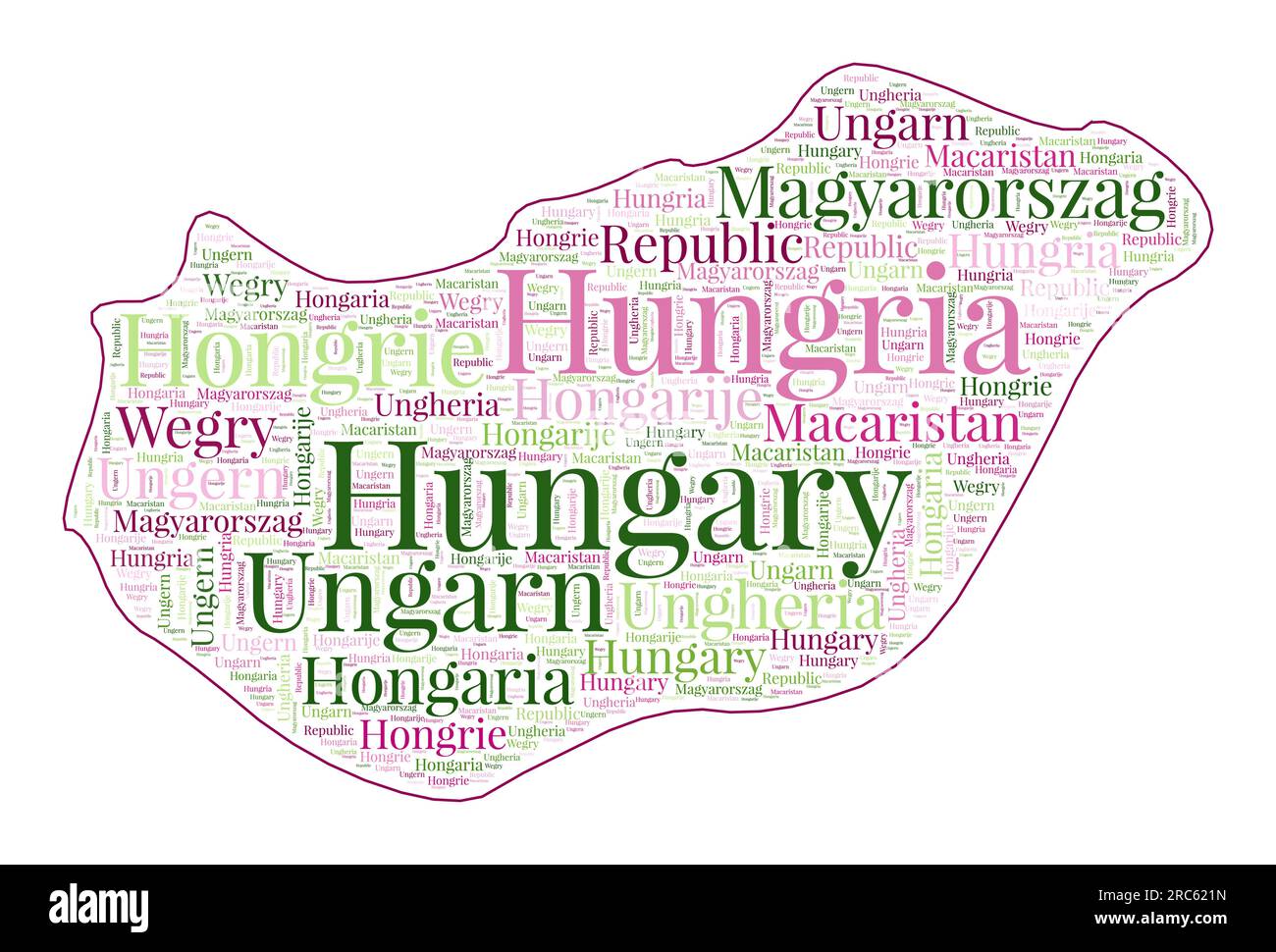 Hungary shape filled with country name in many languages. Hungary map ...