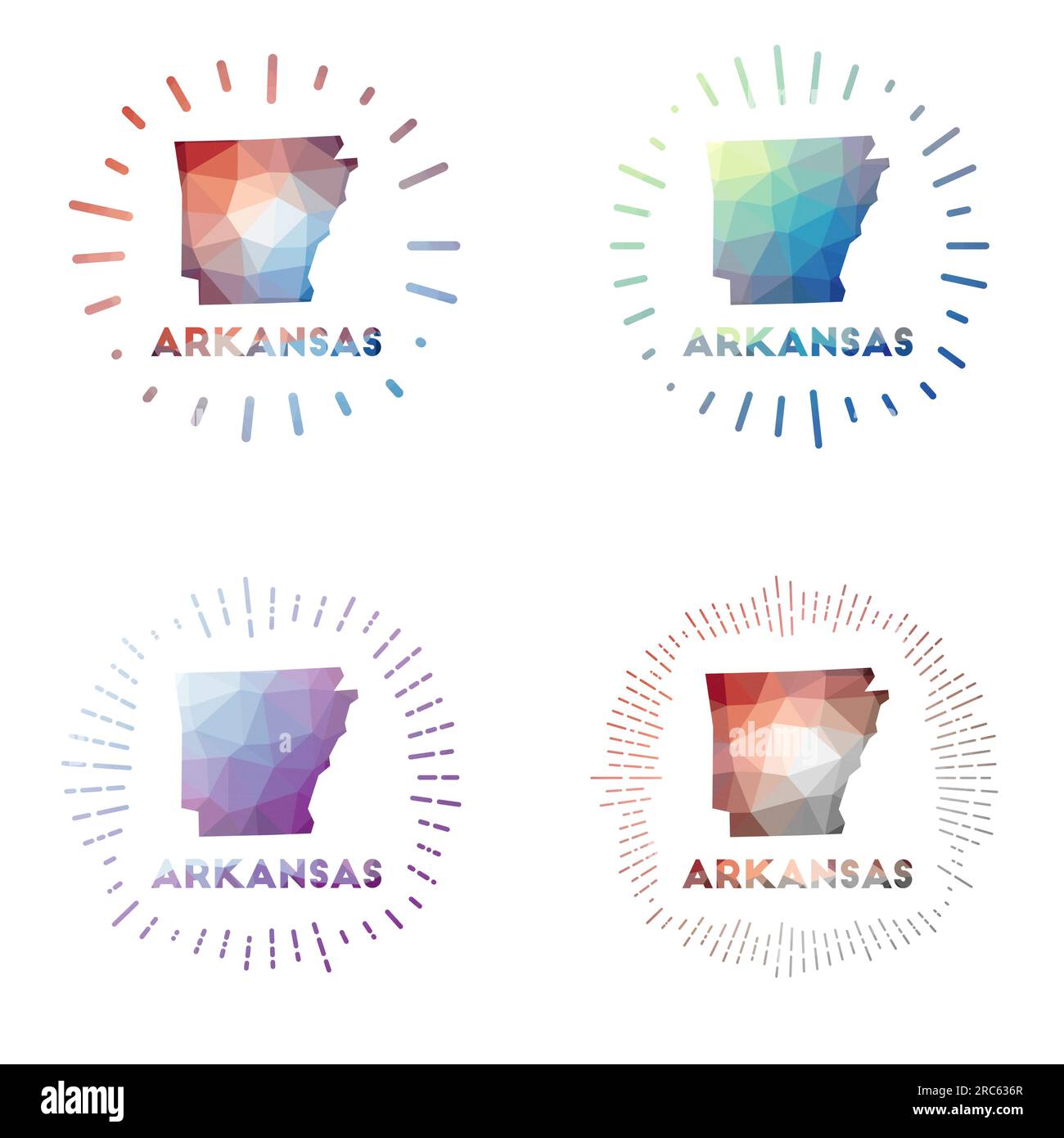 Arkansas low poly sunburst set. Logo of US state in geometric polygonal ...