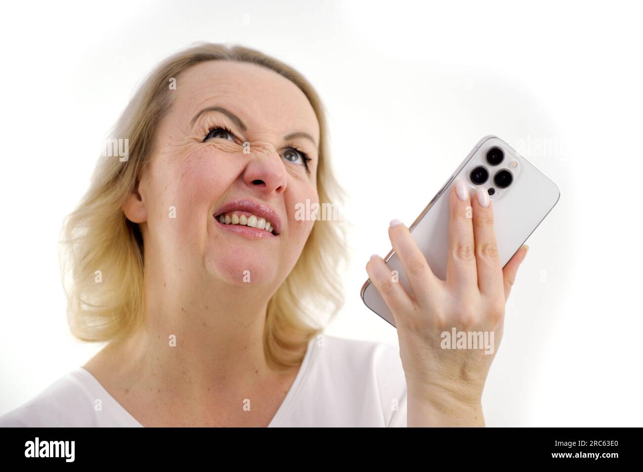 comic photo woman opened eyes wide pressed lips grimaced funny face she ...