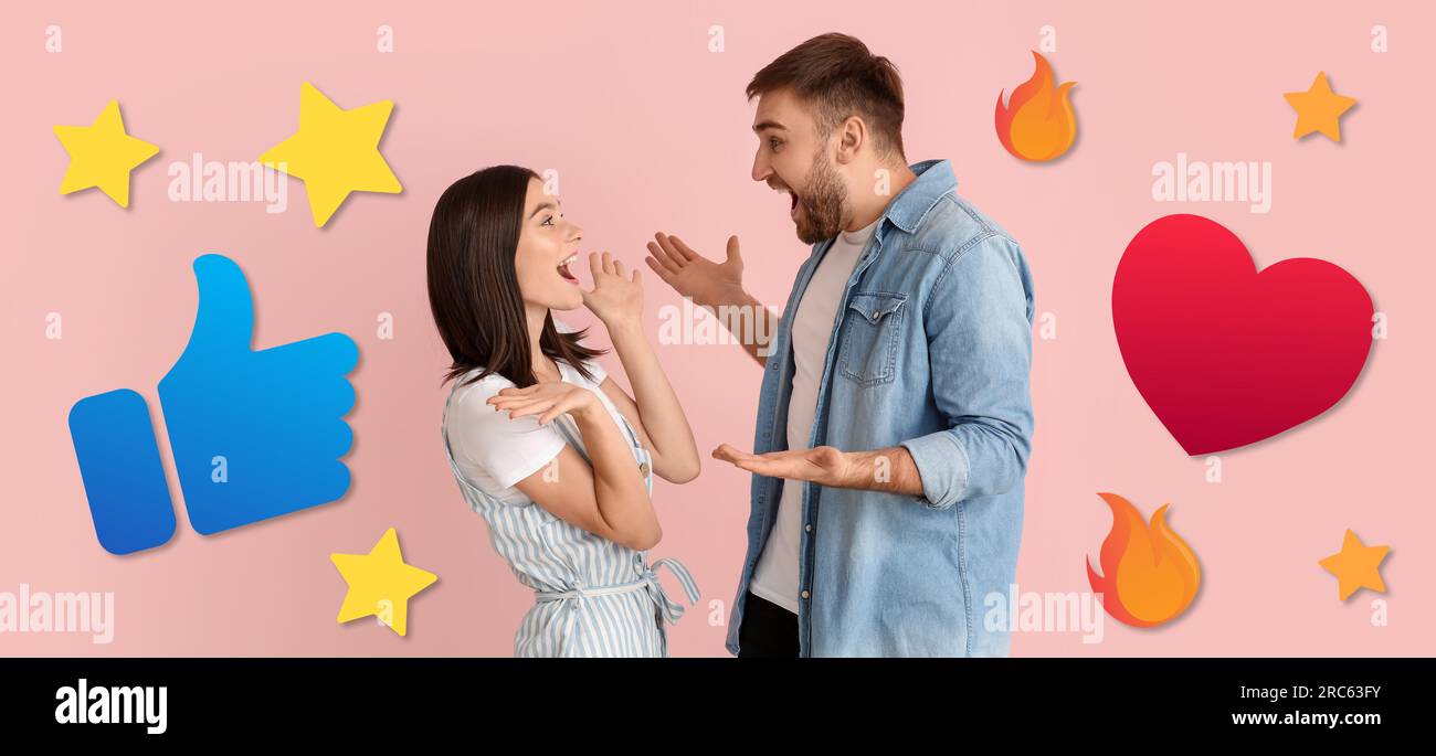 Happy friends and social network reactions on pink background Stock ...