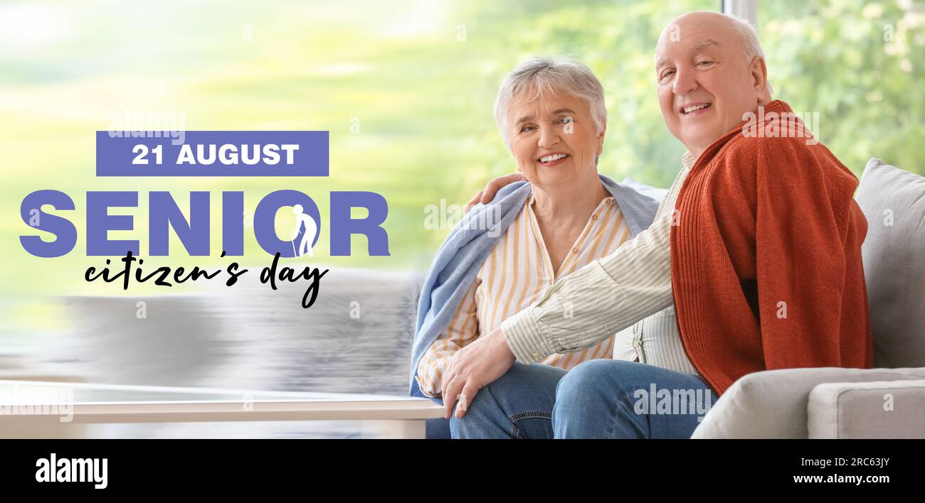 Banner for World Senior Citizen's Day with happy elderly couple at home ...