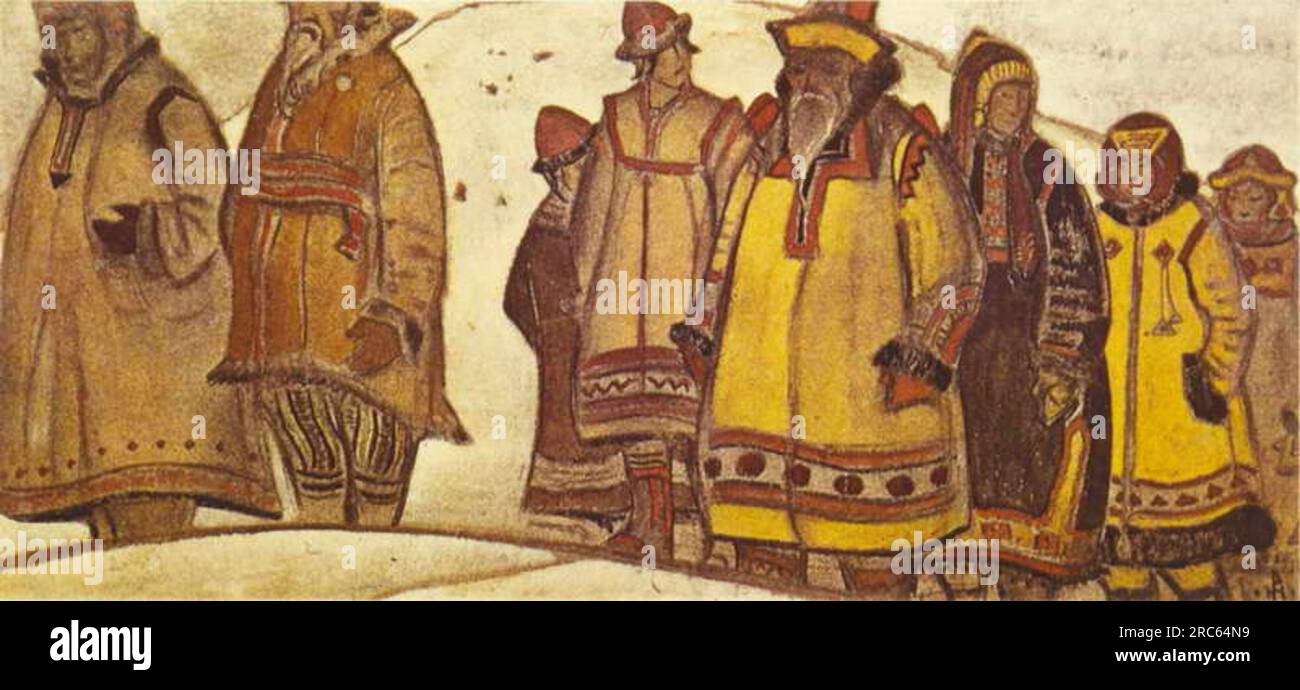 The scene with eight figures in costumes 1913 by Nicholas Roerich Stock ...