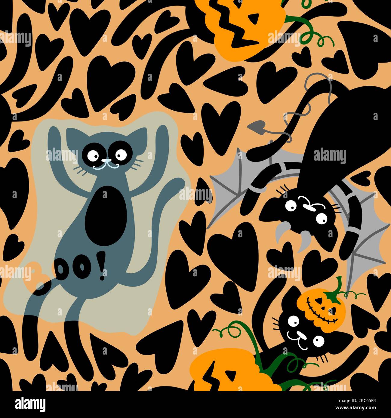 Halloween cartoon cats seamless pumpkins and ghost and monsters vampire ...