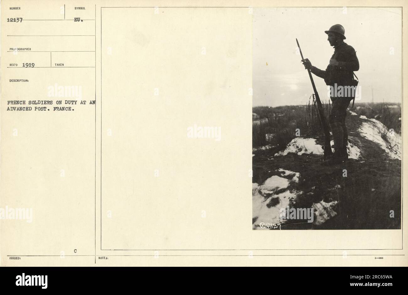 French soldiers on duty at an advanced post during World War One. The ...