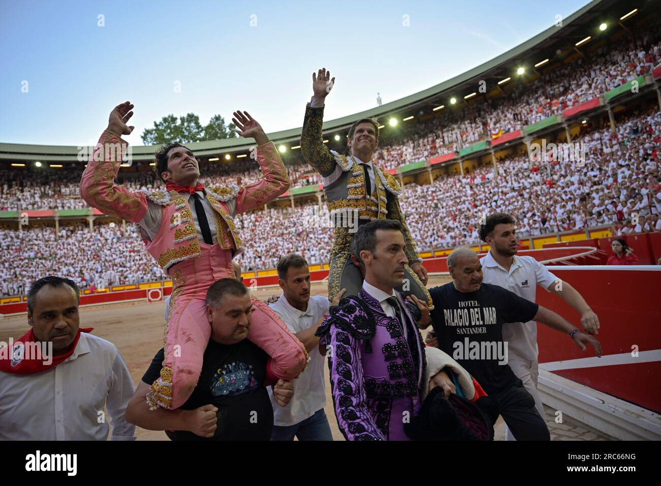 Bullfighter Cayetano, top left, and El Juli celebrate after performing ...