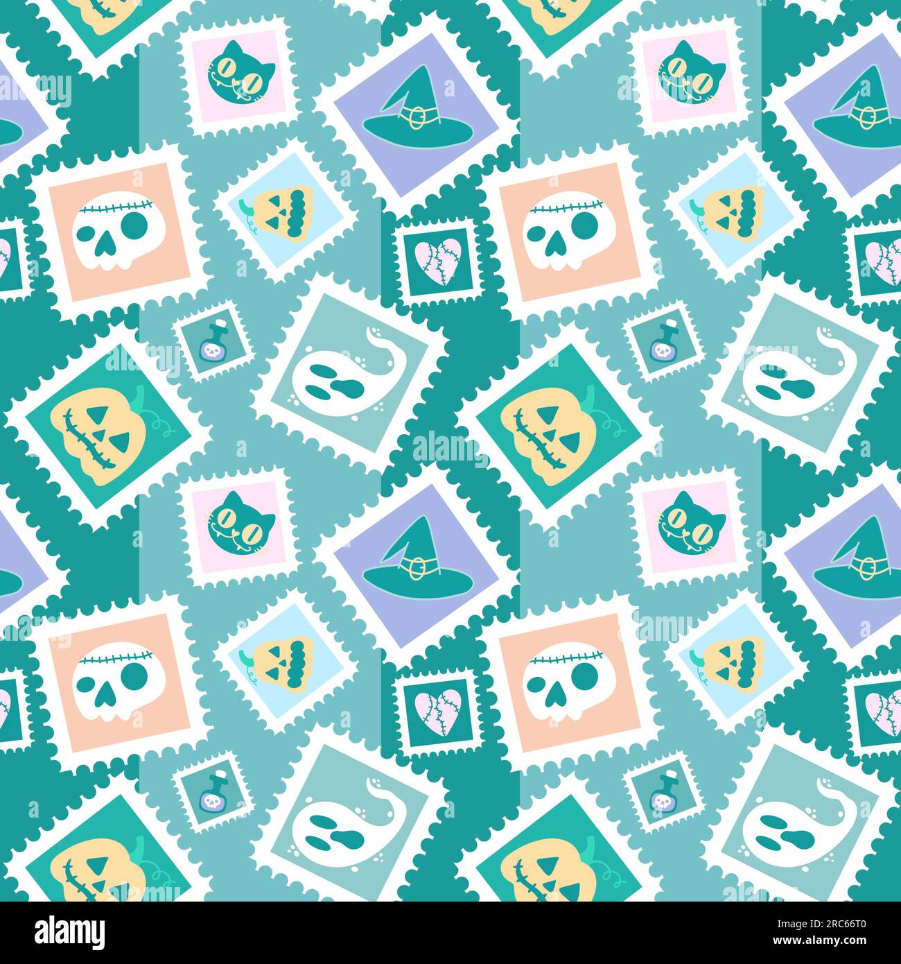 Postage stamps cartoon seamless Halloween pumpkins and ghost and poison ...