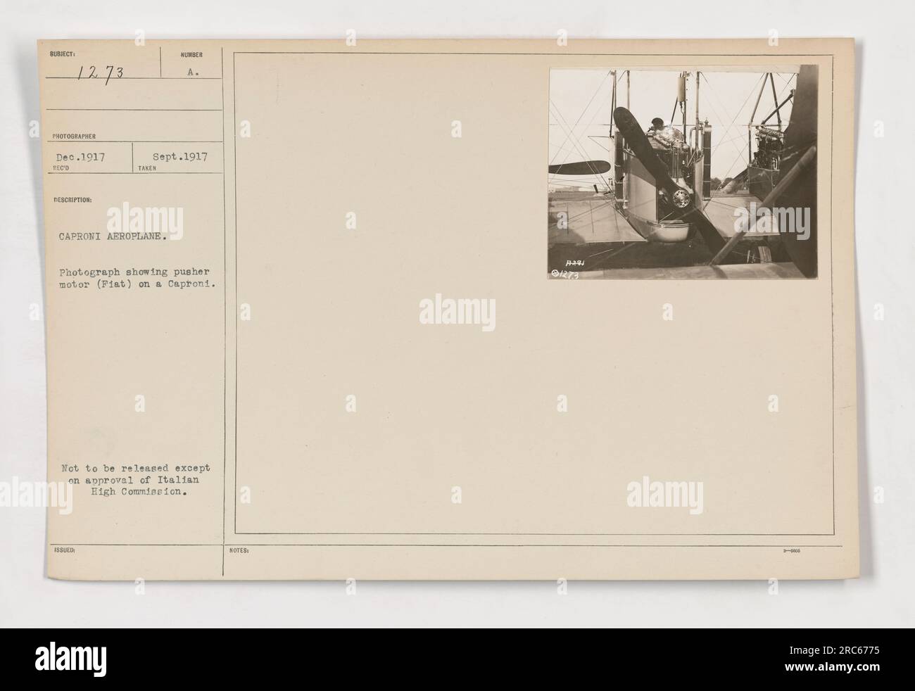 This photograph taken in September 1917 showcases a Caproni airplane ...