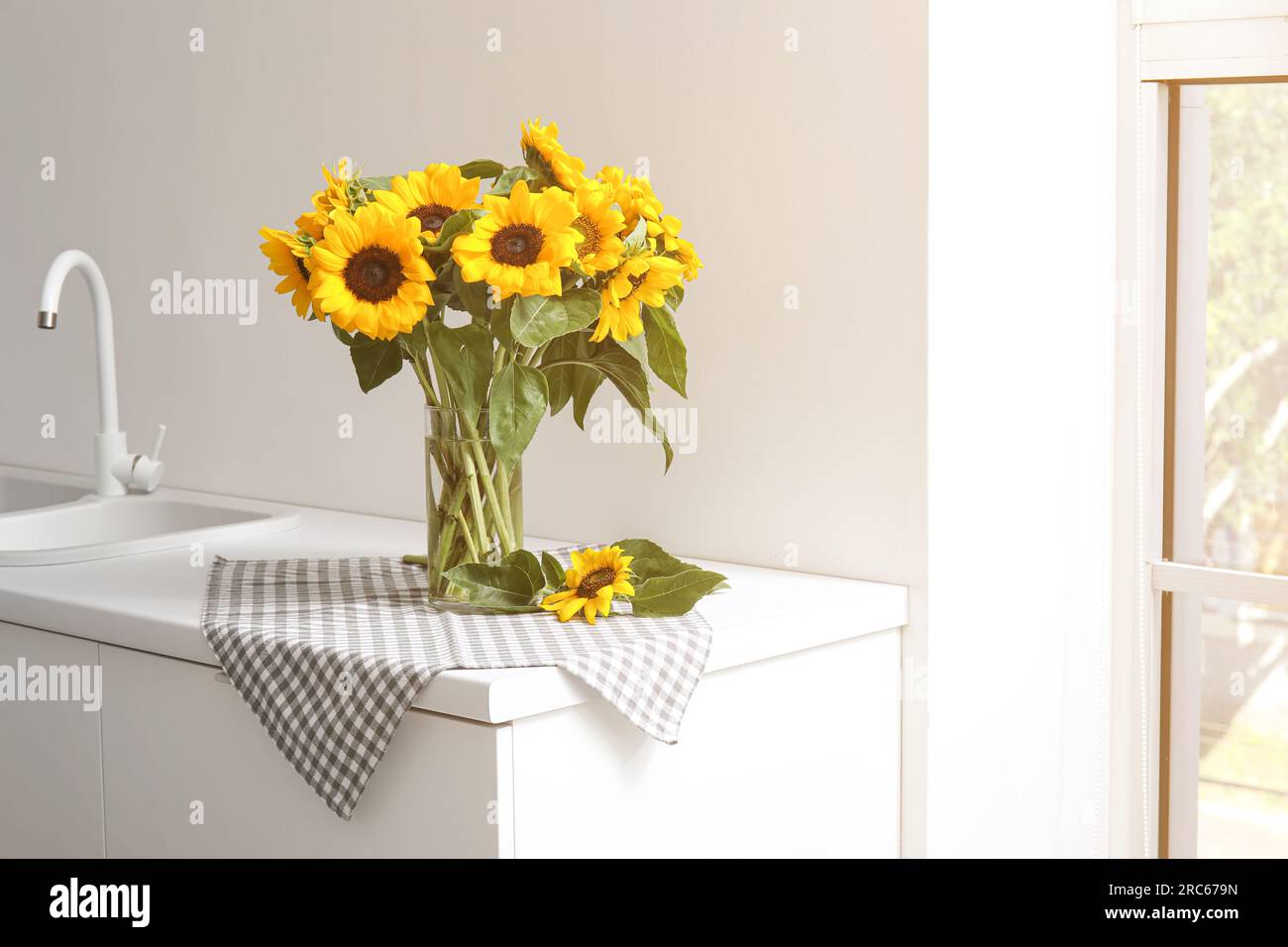 Vase with beautiful sunflowers on white kitchen counter Stock Photo - Alamy