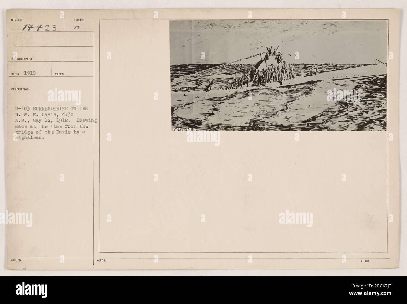 U.S. Navy ship U.S.S. Davis capturing U-103 submarine during World War ...