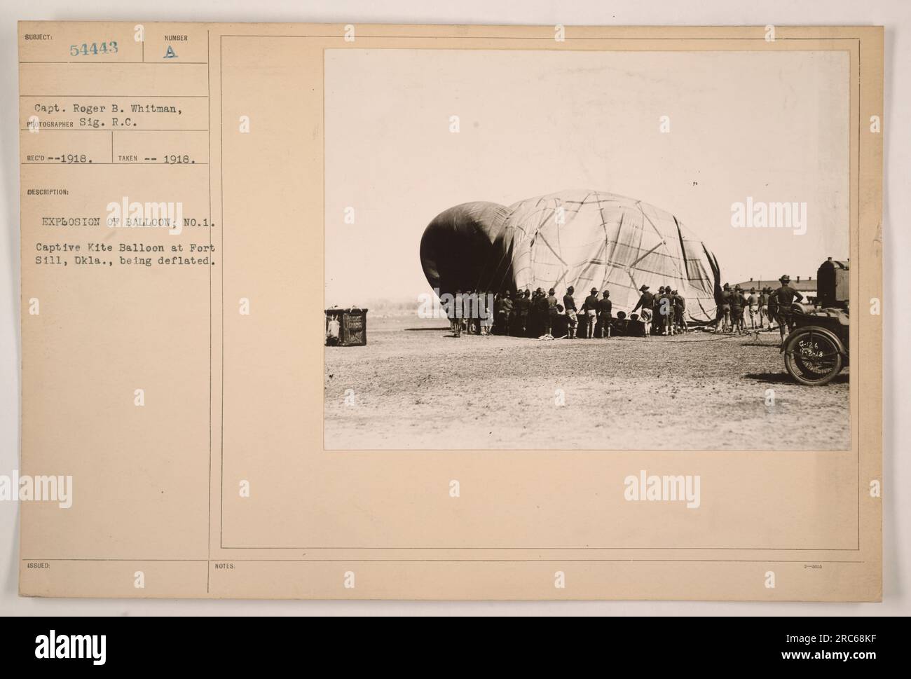 Photo showing the deflation of a captive kite balloon at Fort Sill ...