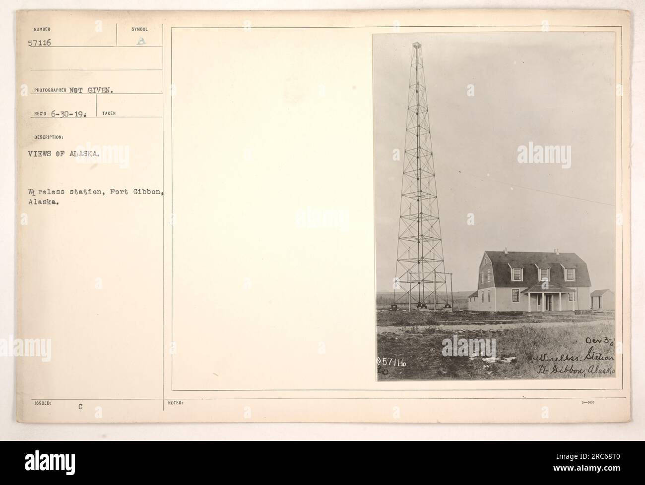 The photograph captures a view of a wireless station at Fort Gibbon in ...