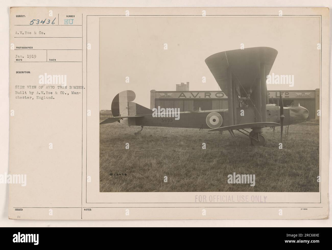 Side view of an Avro Twin Bomber, built by A.V. Roe & Co., Manchester ...