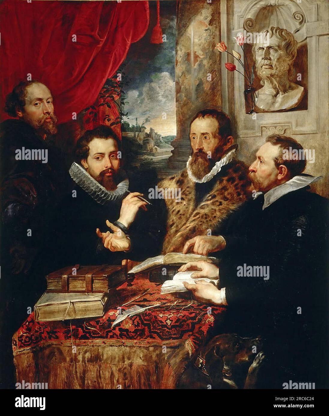 Selfportrait with brother Philipp, Justus Lipsius and another scholar ...