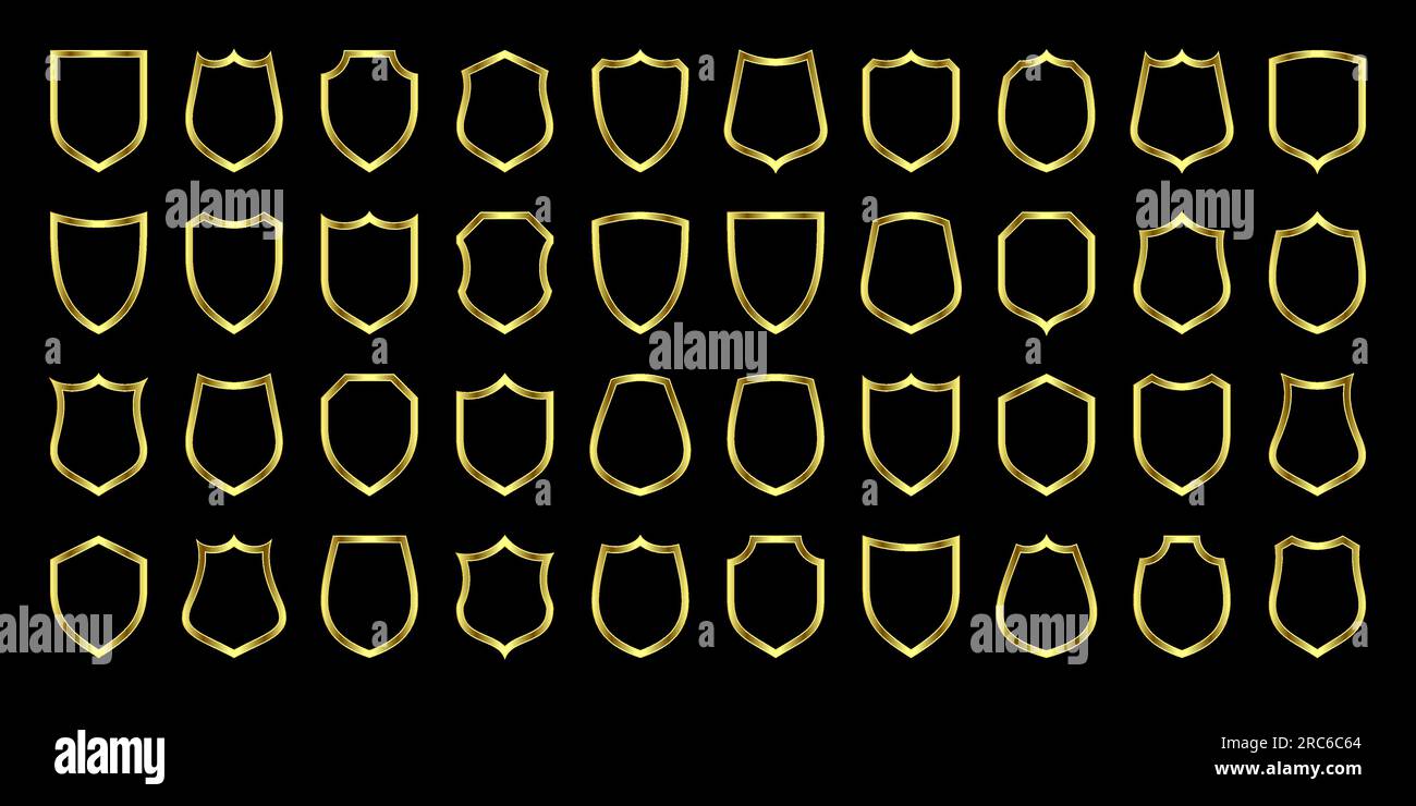 Set of metal vintage shield frames. Shiny golden heraldic shields ...