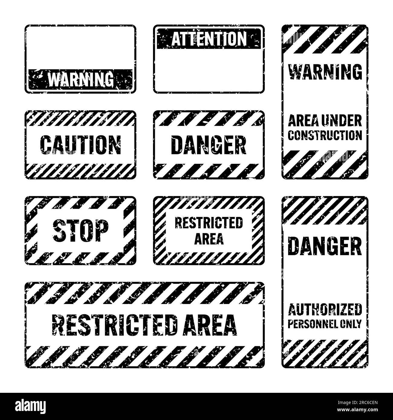 Various black grunge warning signs with diagonal lines. Old attention ...