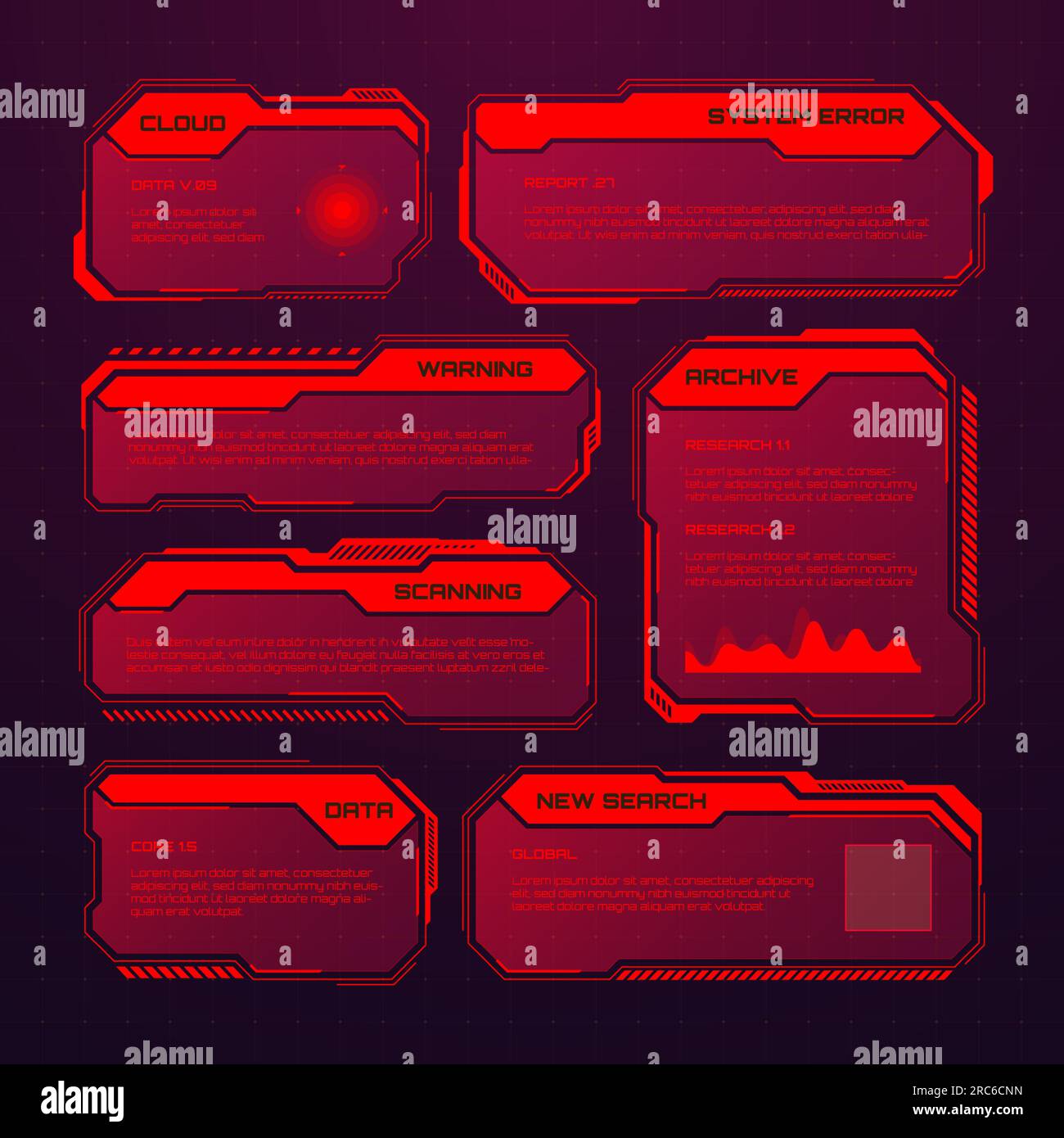 Red futuristic HUD or UI elements. Sci-fi user interface text boxes, callouts. Warning message ...