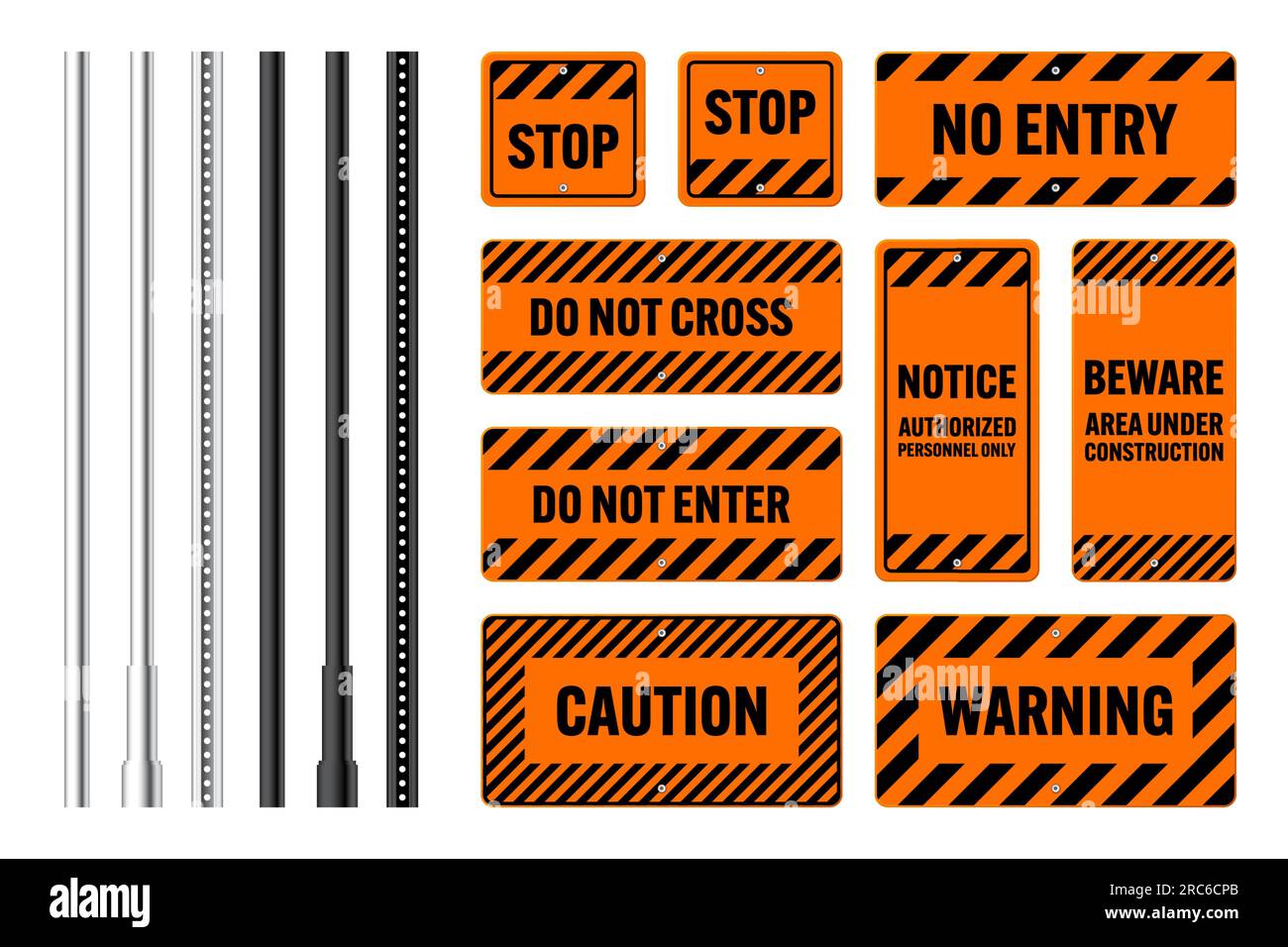 Warning, danger signs, attention banners with metal poles. Orange ...