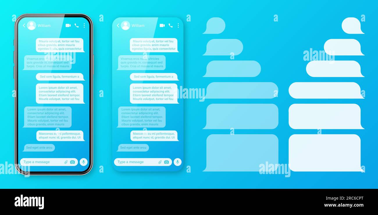 Realistic smartphone with messaging app on colorful blue background ...