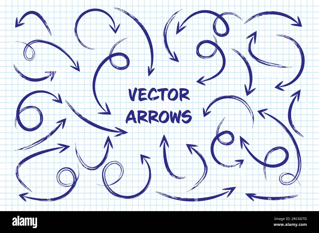 Grunge hand drawn arrows on checkered paper sheet. School notebook for ...