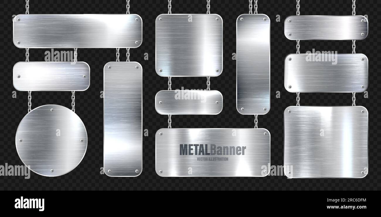 Metal banners hanging on a chain. Realistic shiny steel plate with ...