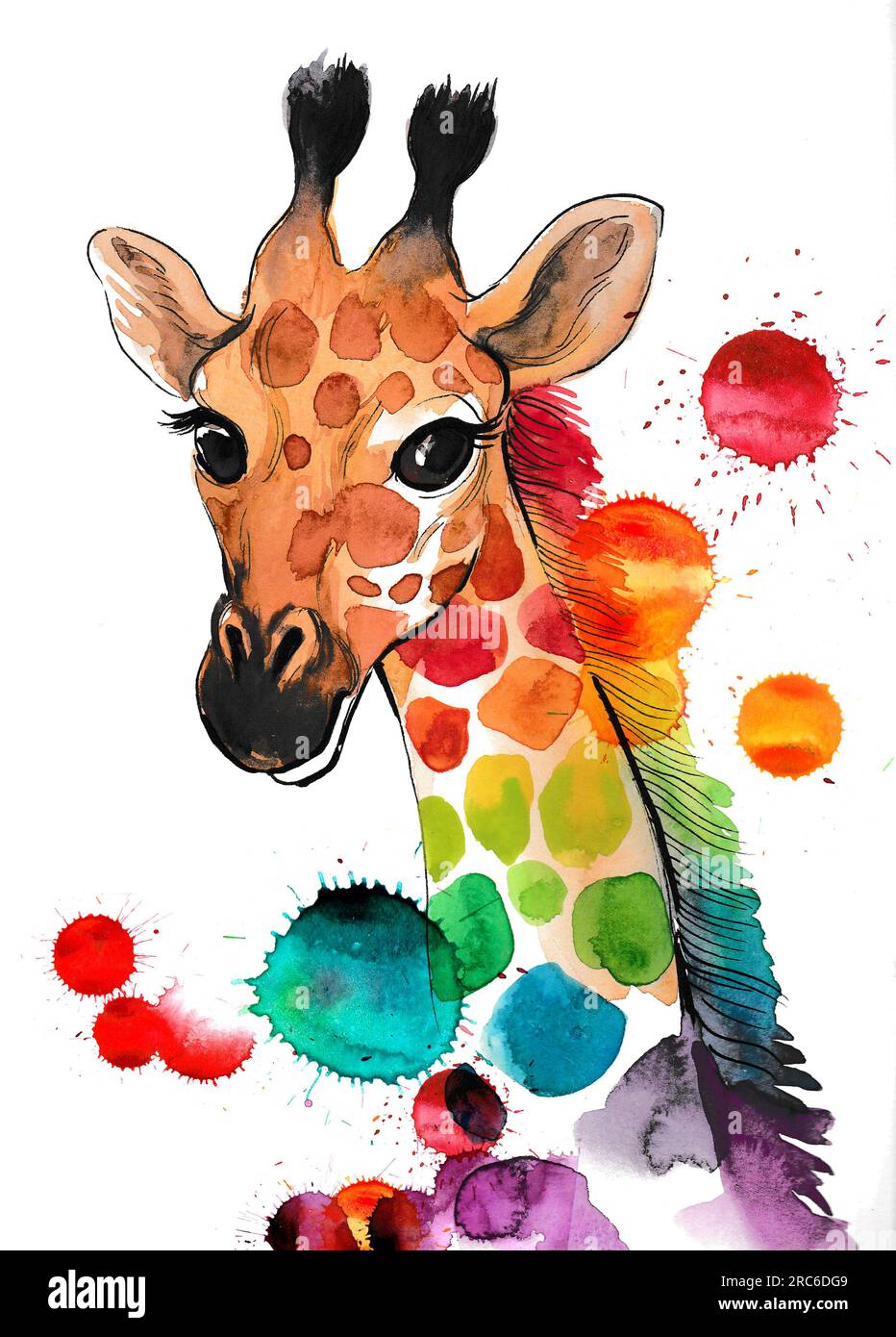 Colorful giraffe head. Hand-drawn ink and watercolor sketch with ...