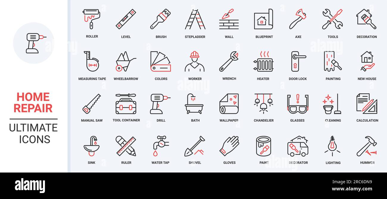 Home repair and decoration red black thin line icons set vector ...