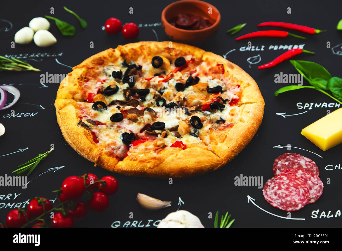 Pizza, ingredients and product names written in chalk on a black ...