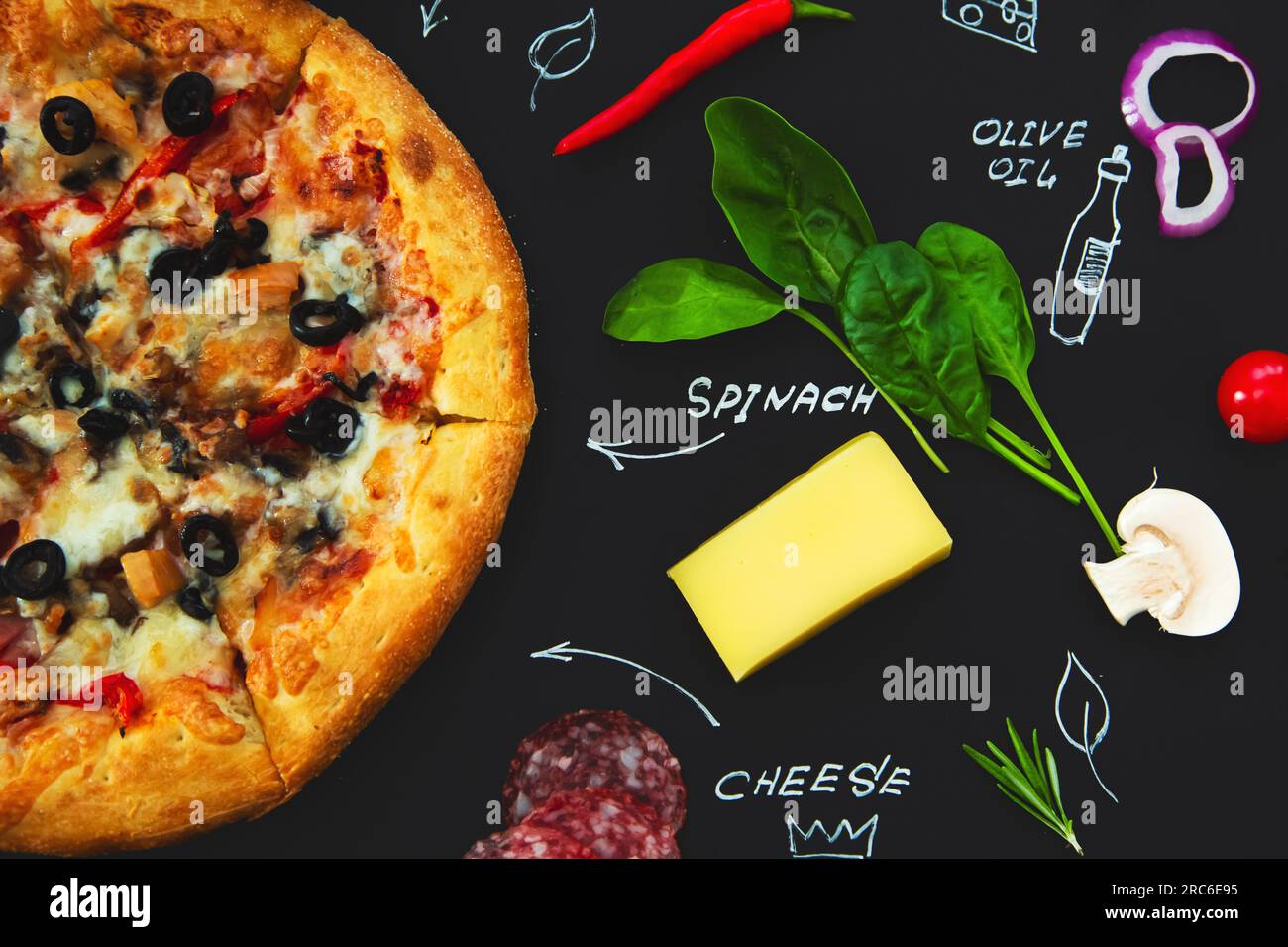 Pizza, ingredients and product names written in chalk on a black ...