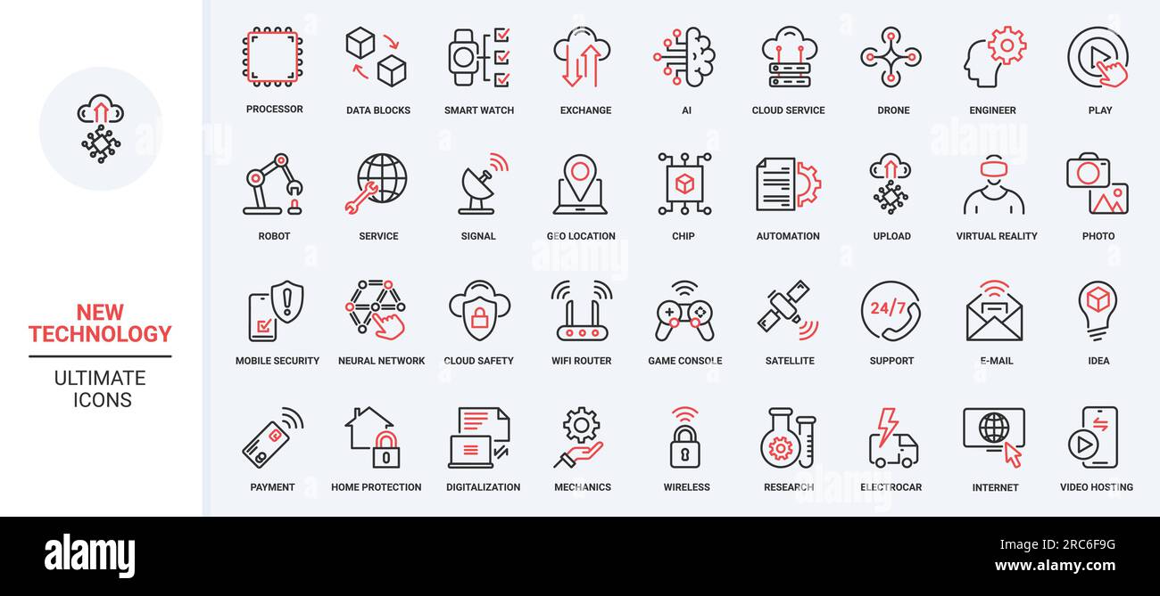 Vector illustration of trendy red black thin line icons set technology ...