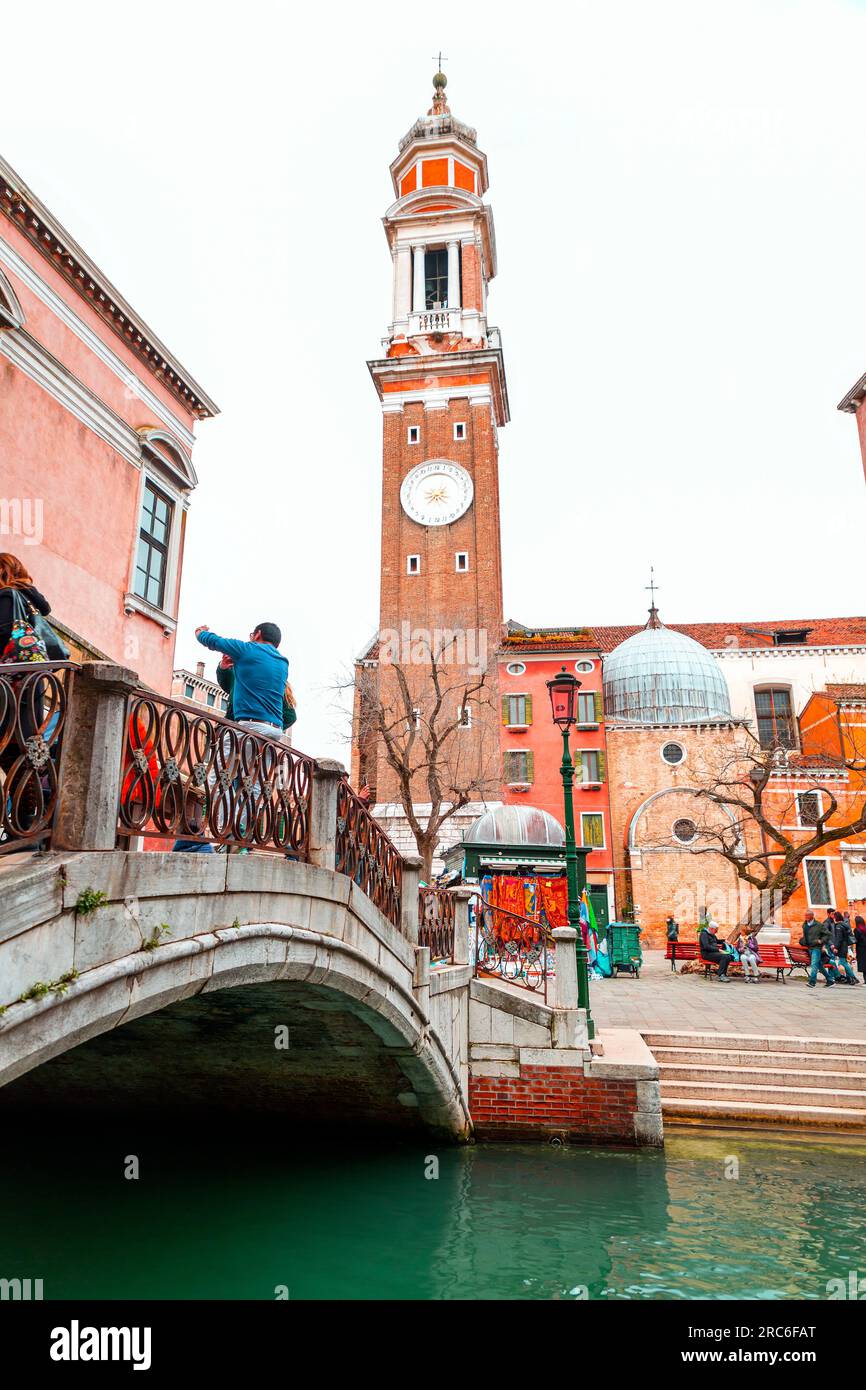 Venice, Italy - April 2, 2022: Clock and bell tower of the Church of ...