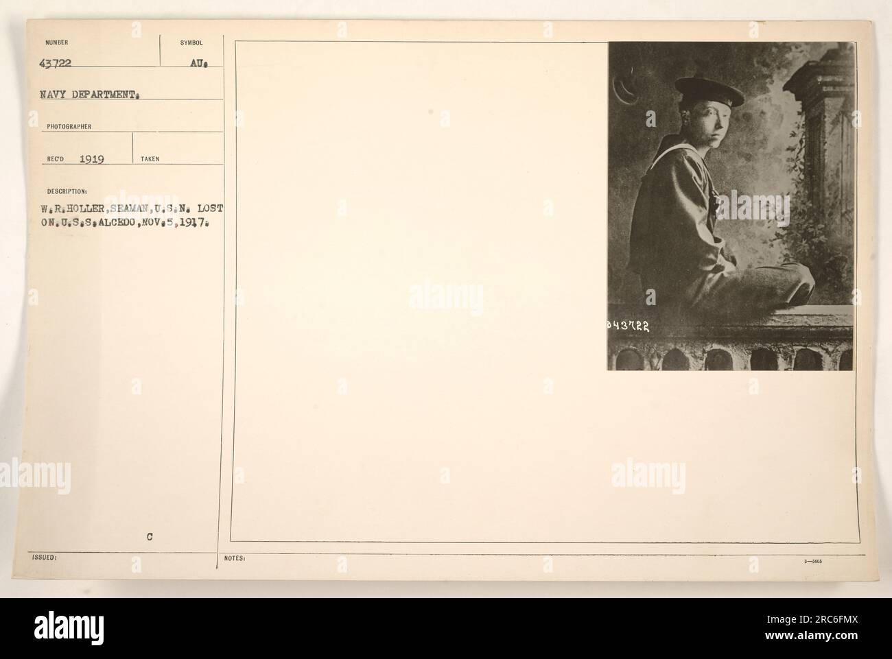 Seaman W.R. Holler, U.S.N., photographed in 1919. This photo was issued ...