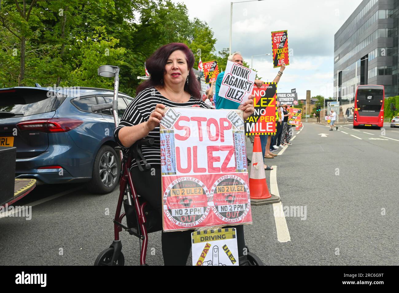 UXBRIDGE, LONDON - 9 July 2023: People protesting against the upcoming ...