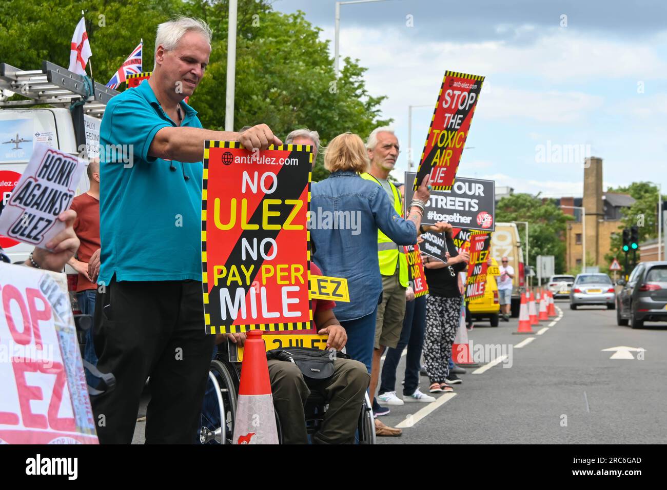UXBRIDGE, LONDON - 9 July 2023: People protesting against the upcoming ...