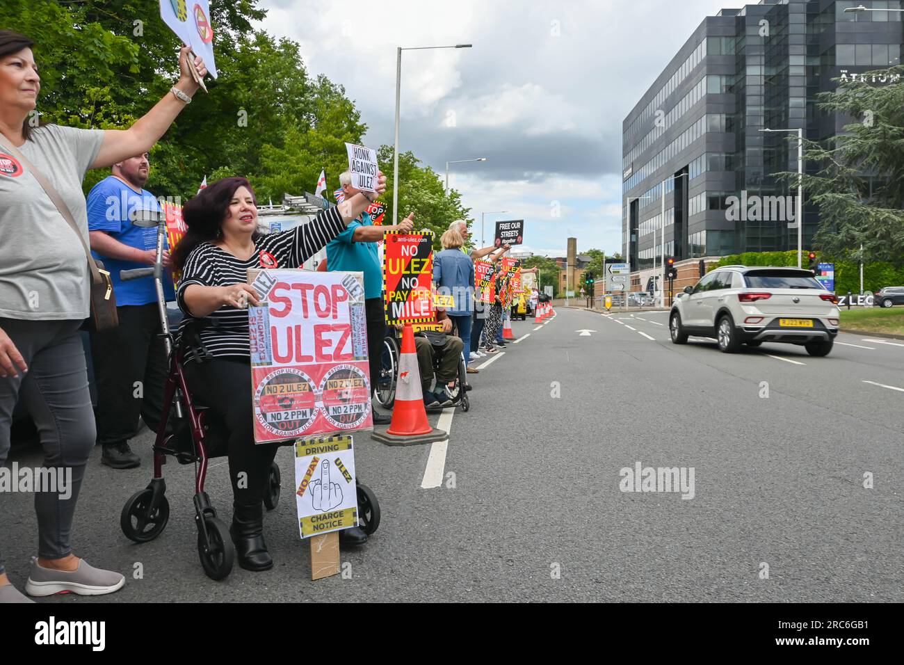 UXBRIDGE, LONDON - 9 July 2023: People protesting against the upcoming ...