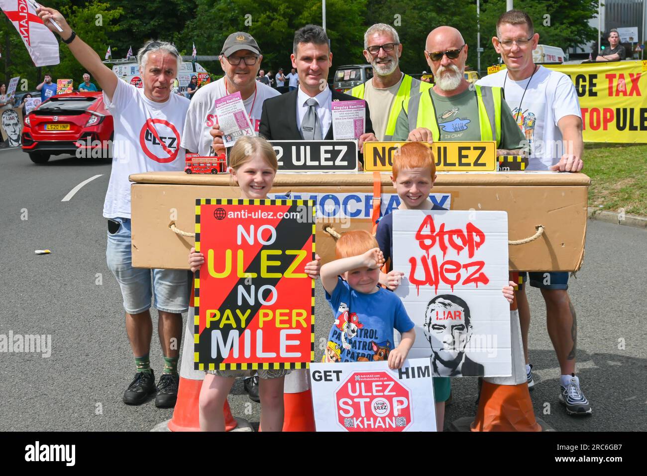 UXBRIDGE, LONDON - 9 July 2023: People protesting against the upcoming ...