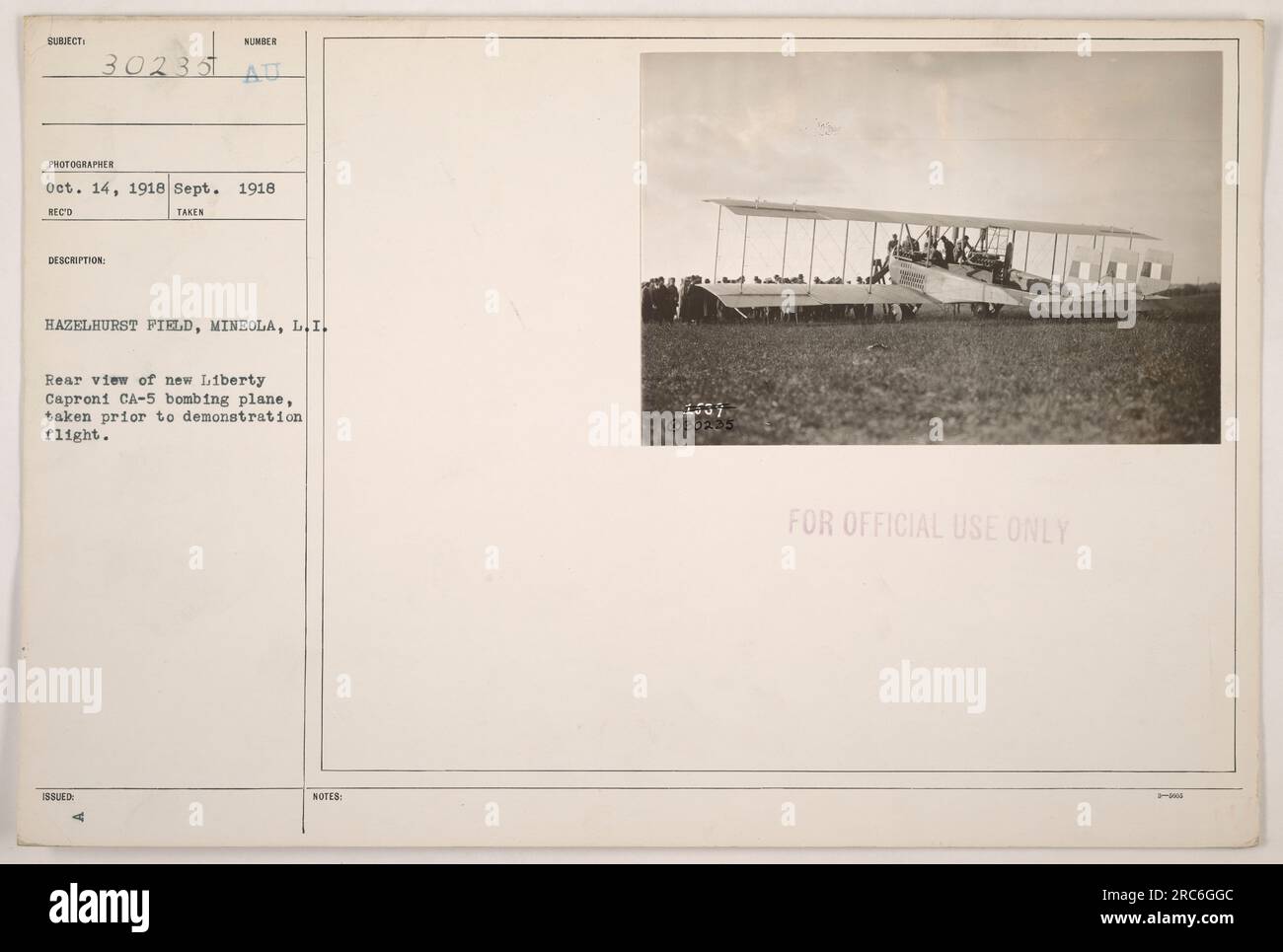 Rear view of the new Liberty Caproni CA-5 bombing plane at Sumber ...