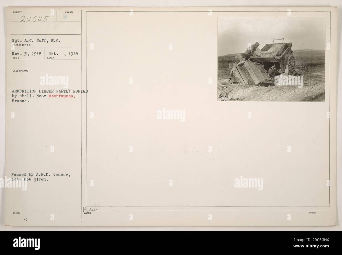 A photograph taken near Montfaucon, France, showing a partially buried ...