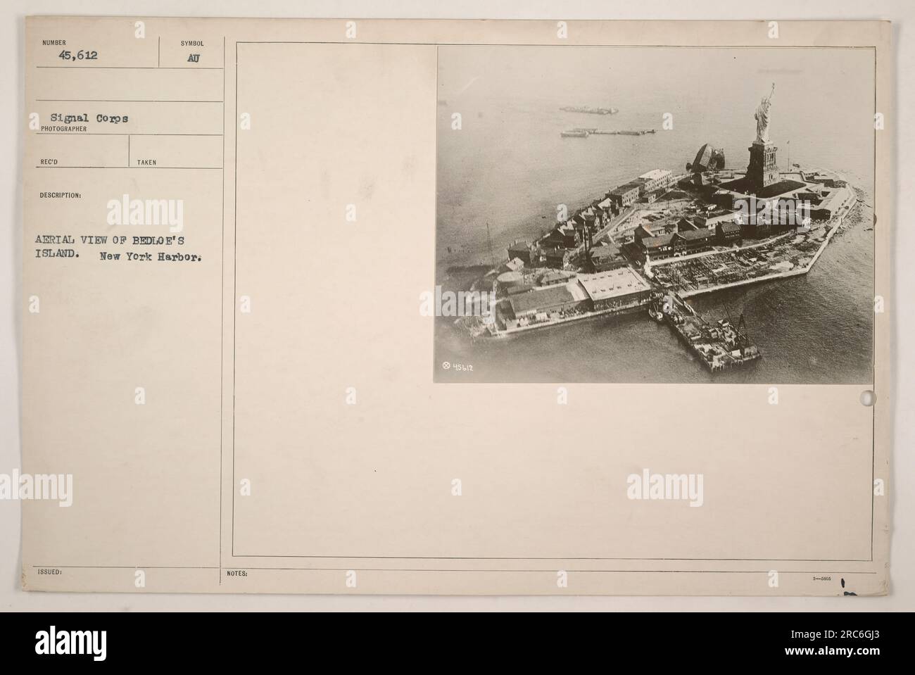 Aerial view of Bedloe's Island in New York Harbor, taken by the Signal ...