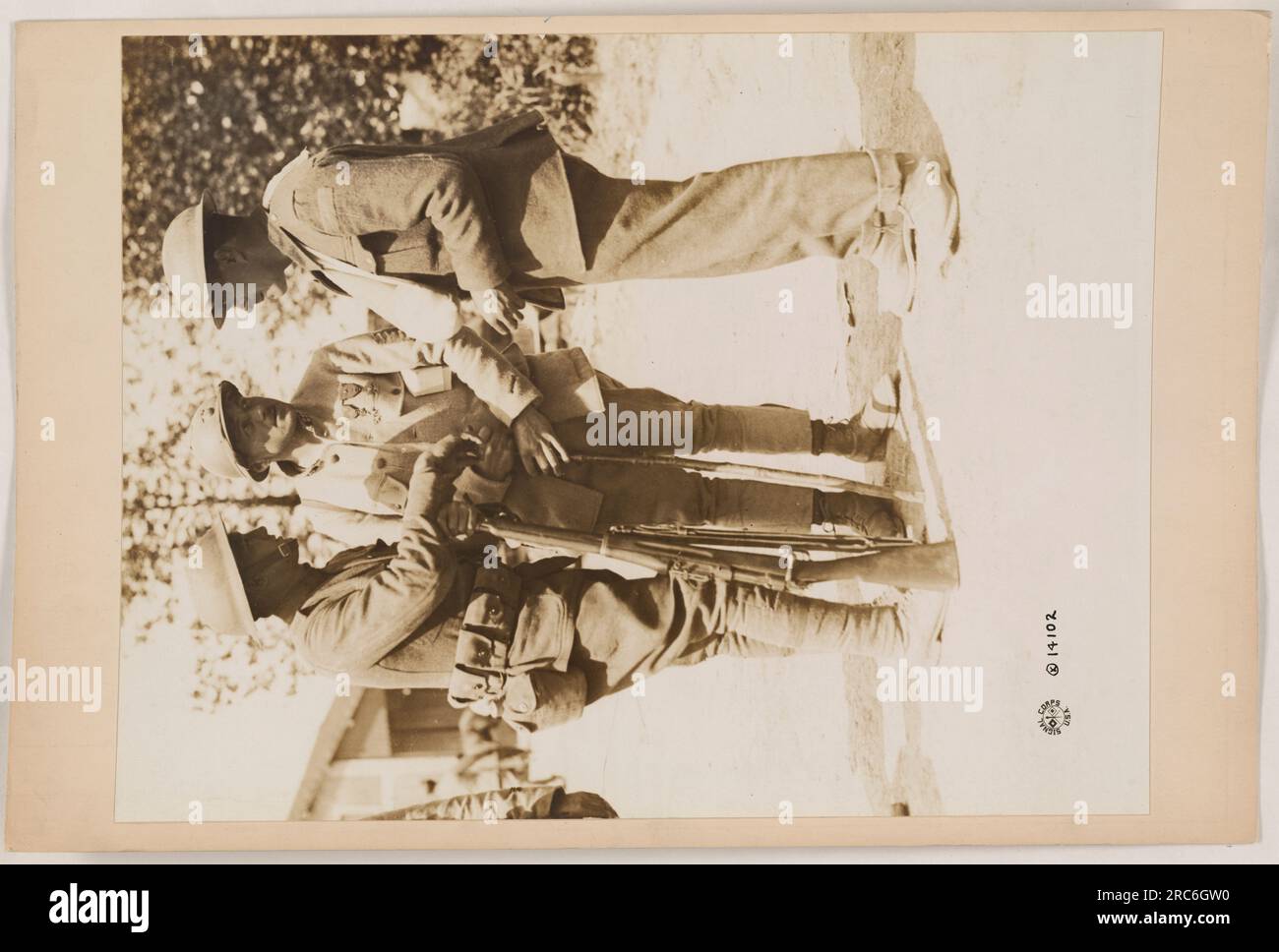 Soldiers with the US Army constructing a trench during World War I. The ...