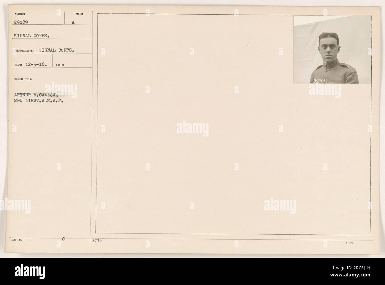 Soldier in Signal Corps uniform, identified as Arthur M. Carrow, takes ...