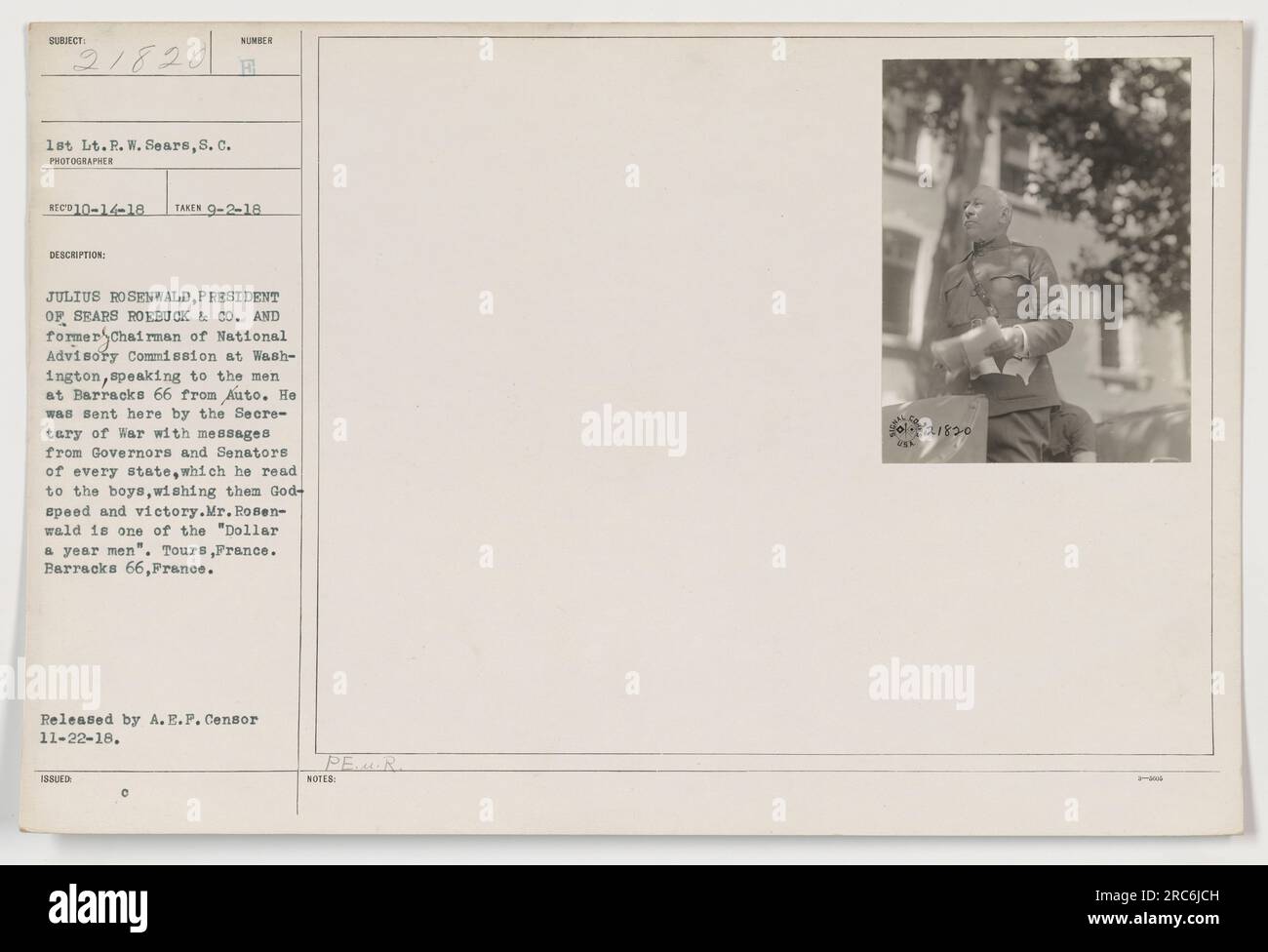 1st Lt. R.W. Sears, S.C., captures an image of Julius Rosenwald, the ...