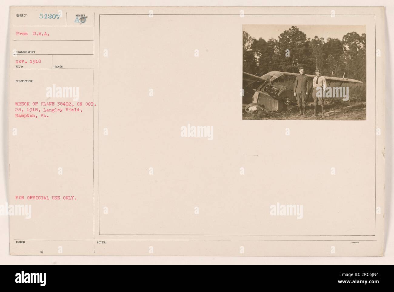 Photograph showing the wrecked plane 38402 at Langley Field in Hampton ...