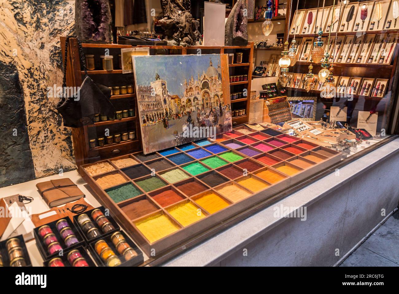 Venice, Italy - April 2, 2022: Display window of an artistic stationary ...