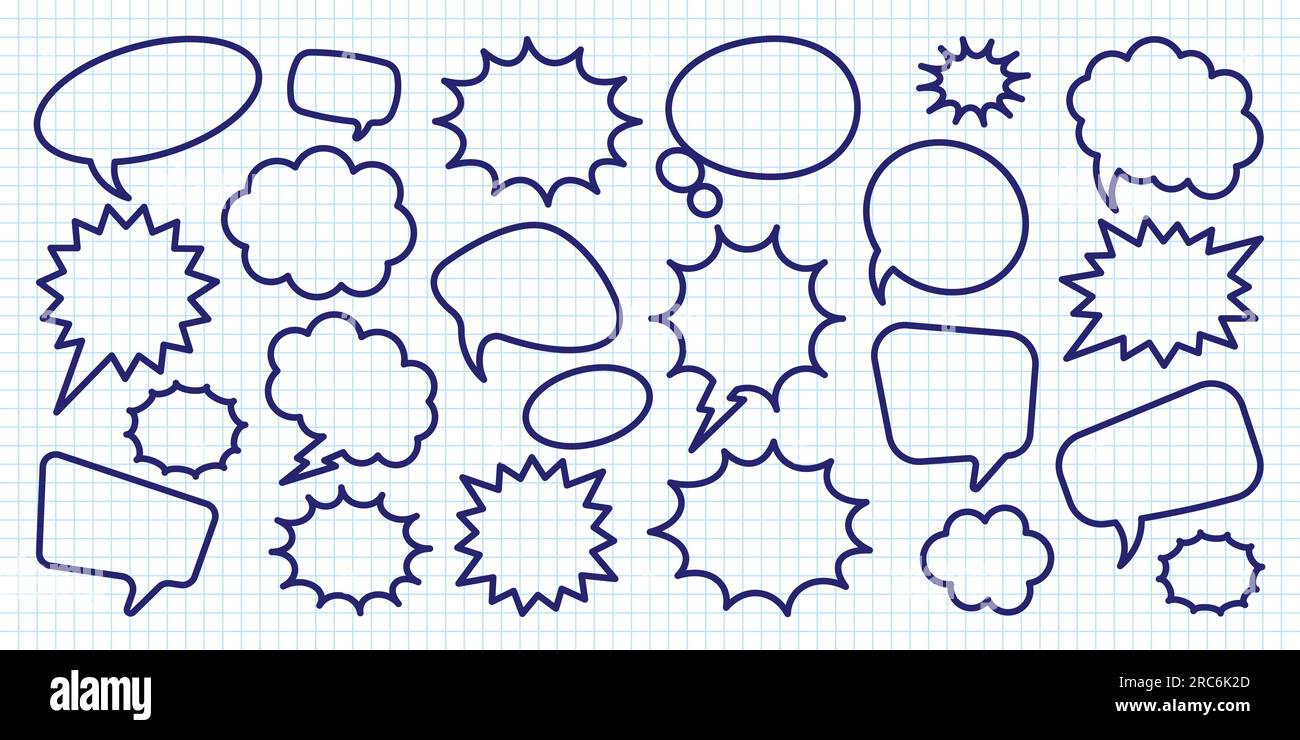 Hand drawn comic speech bubbles on checkered paper sheet. School ...