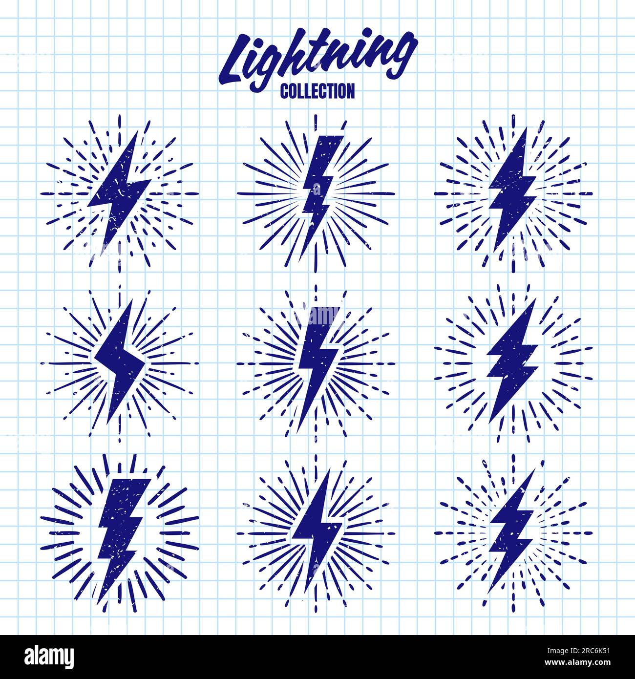 Set of vintage hand drawn lightning bolts and sun rays on checkered ...