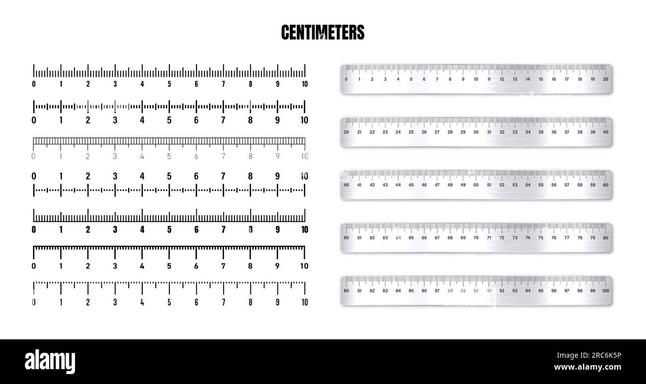 Realistic metal rulers with black centimeter scale for measuring length ...