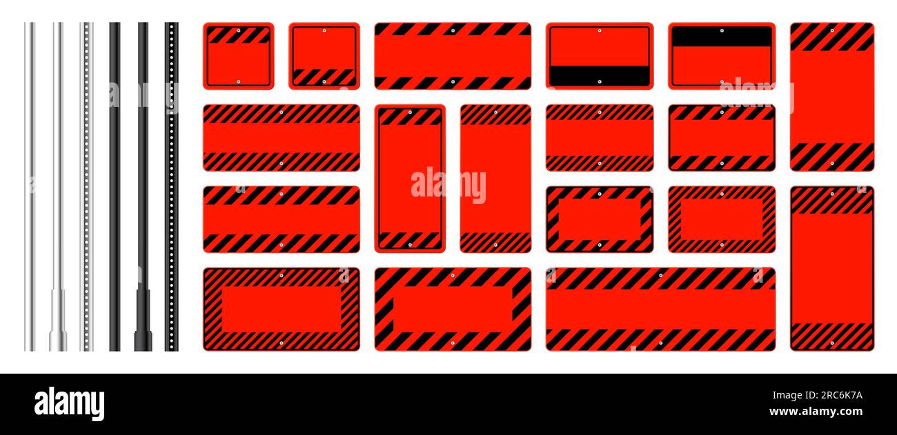 Warning, danger signs, attention banners with metal poles. Blank red ...