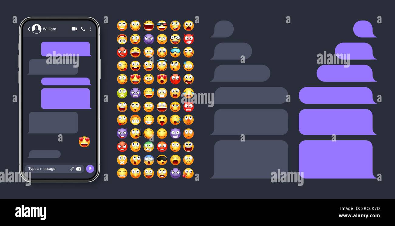 Smartphone messaging app, user interface with emoji. SMS text frame ...