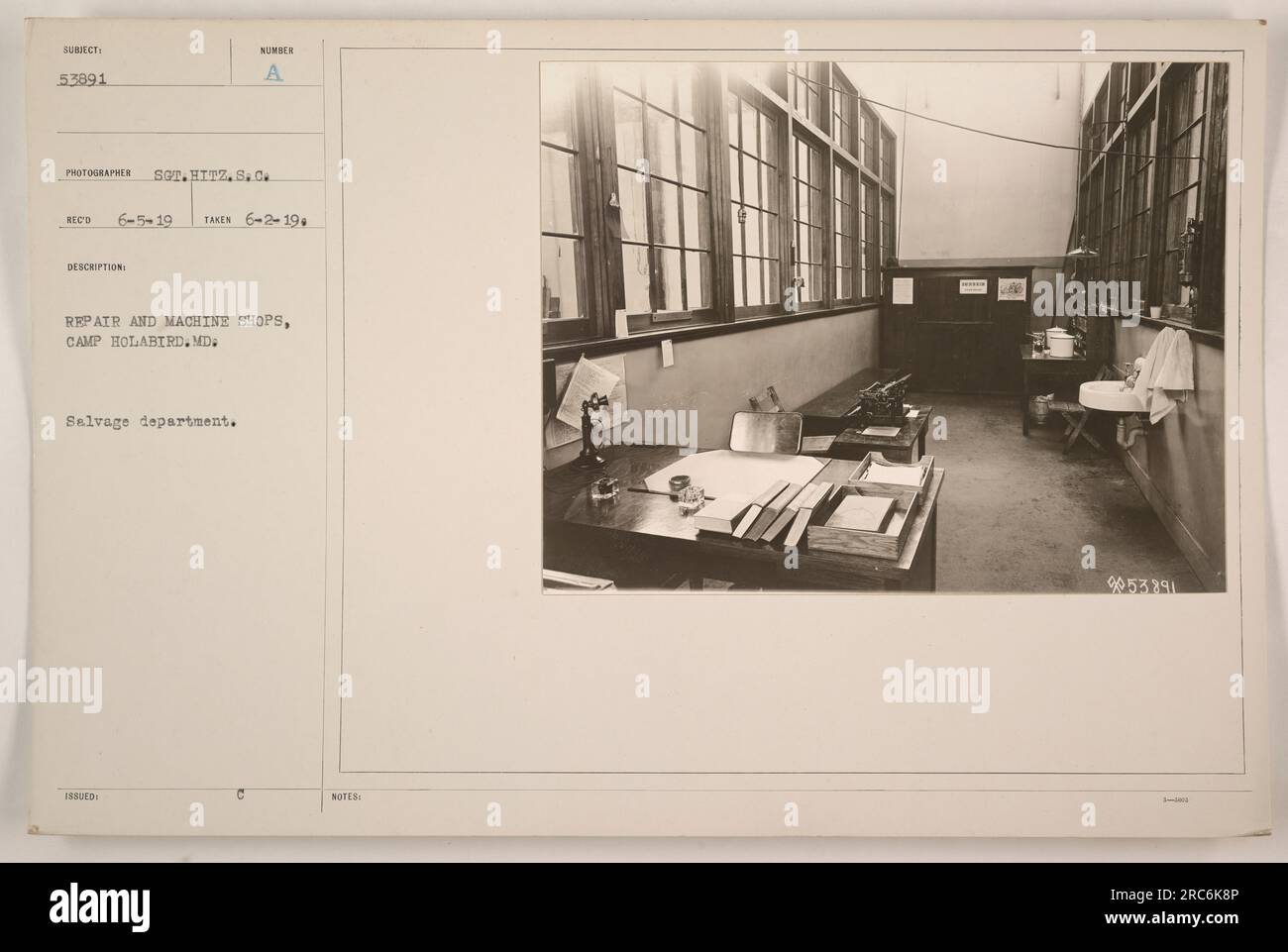 The photograph shows the repair and machine shops at Camp Holabird, MD ...