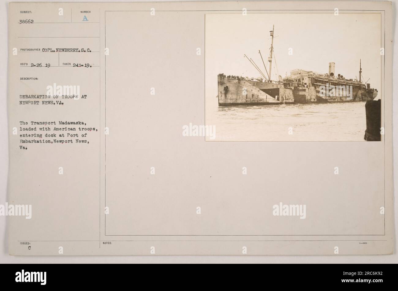 The Transport Madawaska, carrying American troops, arrives at the Port ...